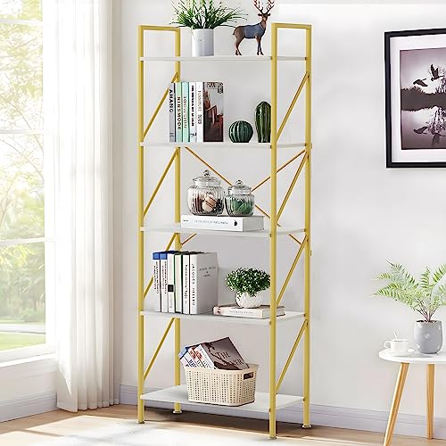 5 Tiers Bookshelf Tall Bookcase Shelf Storage Organizer Industrial Open Shelving Wood Large Modern Bookshelf for Living Room/Bedroom/Home/Office, White