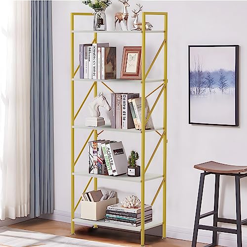 5 Tiers Bookshelf Tall Bookcase Shelf Storage Organizer Industrial Open Shelving Wood Large Modern Bookshelf for Living Room/Bedroom/Home/Office, White