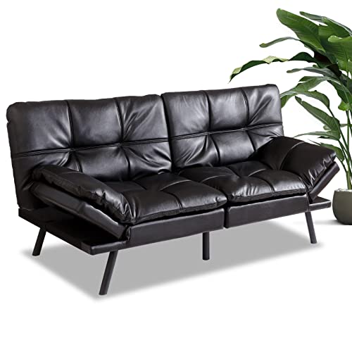 QAIIOO Futon Couch Modern Convertible Memory Foam,Faux Leather Loveseat Folding Sleeper Sofa Bed,Apartment,Dorm,Bonus Room, 71" D x 33" W x 31.5" H, Black 03