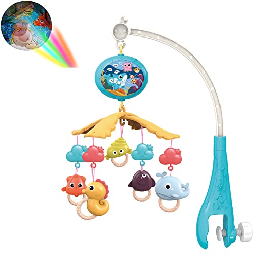 Baby Musical Crib Mobile Bed Bell Crib Bell, Multi-Function Electric Projection Light Music Box with Lullaby, Ocean Animals 360°Hanging Rotating Teether Rattle Toys（Blue）