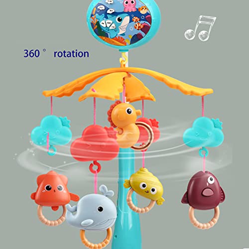 Baby Musical Crib Mobile Bed Bell Crib Bell, Multi-Function Electric Projection Light Music Box with Lullaby, Ocean Animals 360°Hanging Rotating Teether Rattle Toys（Blue）