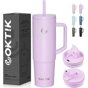 coktik 40 oz tumbler with handle and straw, 3 lids (straw/flip), stainless steel vacuum insulated cup, 40 ounce travel mug,cupholder friendly,keeps water cold,easy to clean(lilac)