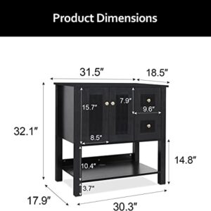 eclife 32" Bathroom Vanity Sink Combo Black Cabinet Vanity Brown Round Tempered Glass Vessel Sink & 1.5 GPM Water Save Faucet & Solid Brass Pop Up Drain (A09 V004)