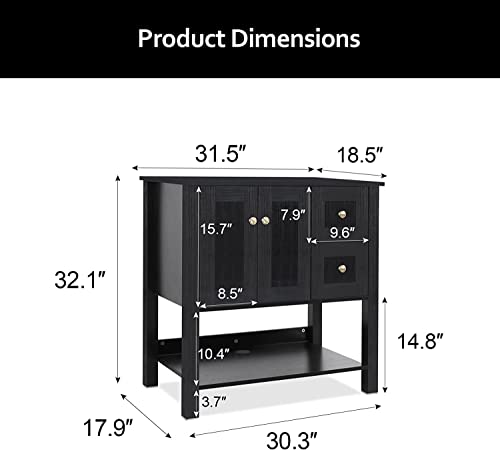 eclife 32" Bathroom Vanity Sink Combo Black Cabinet Vanity Brown Round Tempered Glass Vessel Sink & 1.5 GPM Water Save Faucet & Solid Brass Pop Up Drain (A09 V004)