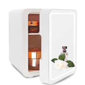 VNIMTI Mini Skincare Fridge 4 Liter/6 Cans, Portable Cosmetic Fridges with Makeup Mirror, Cooler & Warmer, AC & DC, Small Refrigerator for Bedroom, Car, Office, Outdoor (White - 4L)