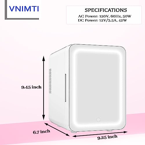 VNIMTI Mini Skincare Fridge 4 Liter/6 Cans, Portable Cosmetic Fridges with Makeup Mirror, Cooler & Warmer, AC & DC, Small Refrigerator for Bedroom, Car, Office, Outdoor (White - 4L)