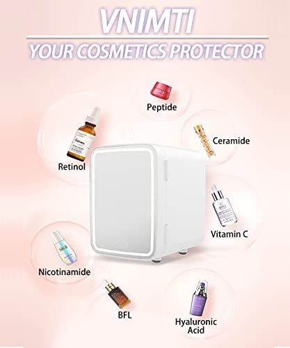 VNIMTI Mini Skincare Fridge 4 Liter/6 Cans, Portable Cosmetic Fridges with Makeup Mirror, Cooler & Warmer, AC & DC, Small Refrigerator for Bedroom, Car, Office, Outdoor (White - 4L)