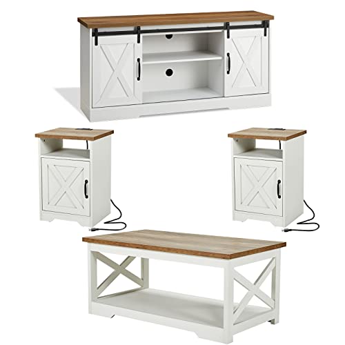 AMERLIFE 4-Piece Farmhouse Table Set Includes Sliding Barn Door TV Stand, Coffee Table& Two End Tables, Side Table with Charging Station and USB Ports, for Living Room, Bedroom, Distressed White, 59‘