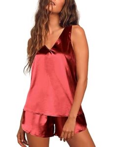 ekouaer silk satin pajamas tank top pajama short sets sleeveless silky pjs v neck lounge sets sleepwear for women wine red s