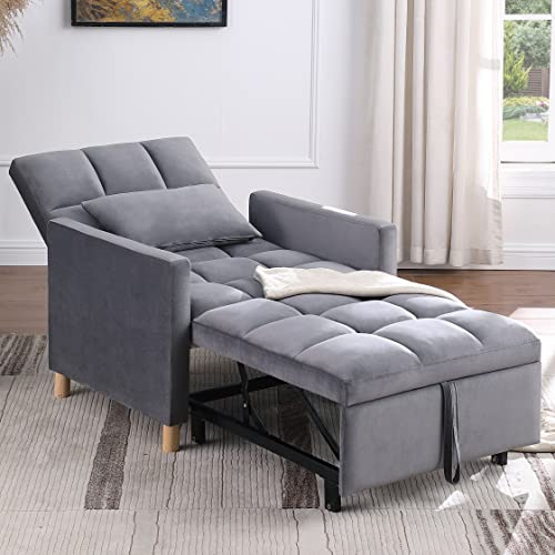 HANLIVES 3-in-1 Single Convertible Chair Bed,Sleeper Sofa Chair Bed with Pillow,Multi-Functional Sleeper Chair with Adjustable Backrest,pullout Sofa Bed with Velvet Fabric for Apartment(Grey)