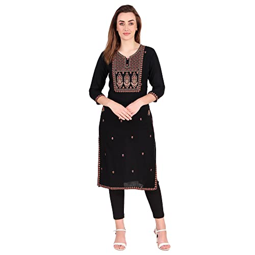 ladyline Womens Rayon Slub Embroidered Kurti Tunic Kurta Slits Embroidery (Black-44)