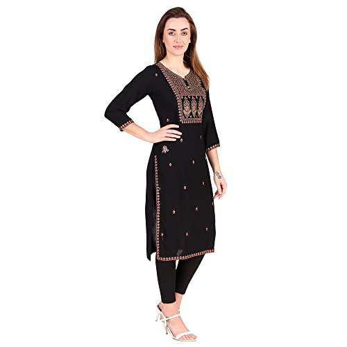 ladyline Womens Rayon Slub Embroidered Kurti Tunic Kurta Slits Embroidery (Black-44)