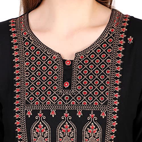 ladyline Womens Rayon Slub Embroidered Kurti Tunic Kurta Slits Embroidery (Black-44)