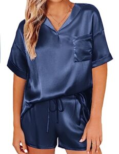 ekouaer pajamas set soft women satin sleepwear 2 piece silk pjs top and shorts sleep nightwear navy blue