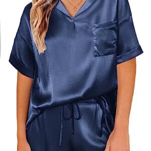 Ekouaer Pajamas Set Soft Women Satin Sleepwear 2 Piece Silk Pjs top and Shorts Sleep Nightwear Navy Blue