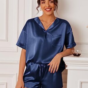 Ekouaer Pajamas Set Soft Women Satin Sleepwear 2 Piece Silk Pjs top and Shorts Sleep Nightwear Navy Blue