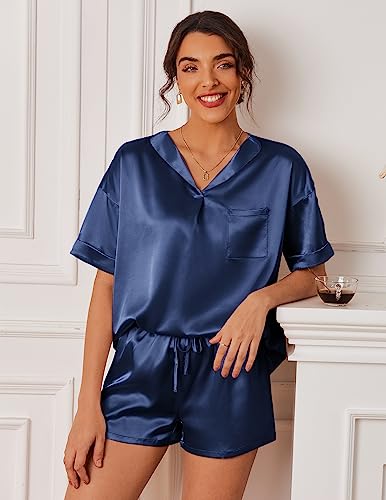 Ekouaer Pajamas Set Soft Women Satin Sleepwear 2 Piece Silk Pjs top and Shorts Sleep Nightwear Navy Blue