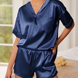 Ekouaer Pajamas Set Soft Women Satin Sleepwear 2 Piece Silk Pjs top and Shorts Sleep Nightwear Navy Blue