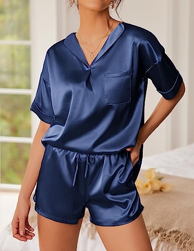 Ekouaer Pajamas Set Soft Women Satin Sleepwear 2 Piece Silk Pjs top and Shorts Sleep Nightwear Navy Blue