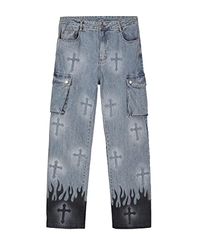 Aelfric Eden Unisex Denim Jeans Flame Cross Vibe Straight Jeans Streetwear Multi Pockets