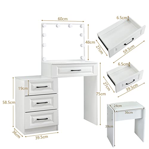 JBLCC Makeup Vanity with Lights Mirror, Makeup Table Set Vanity Mirror with Lights, Vanity Desk with Storage Shelves, Drawers, Modern Vanity Table for Bedroom White (41749)