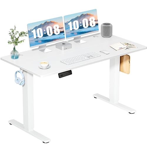 DUMOS Electric Standing Desk-Height Adjustable Table with 3 Memory Presets Ergonomic Computer Workstation with T-Shaped Metal Bracket Suitable for Home Office, 55 x 24 Inches, White