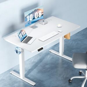 DUMOS Electric Standing Desk-Height Adjustable Table with 3 Memory Presets Ergonomic Computer Workstation with T-Shaped Metal Bracket Suitable for Home Office, 55 x 24 Inches, White