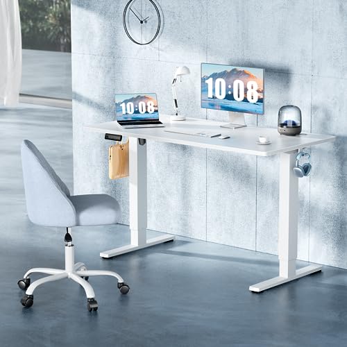 DUMOS Electric Standing Desk-Height Adjustable Table with 3 Memory Presets Ergonomic Computer Workstation with T-Shaped Metal Bracket Suitable for Home Office, 55 x 24 Inches, White