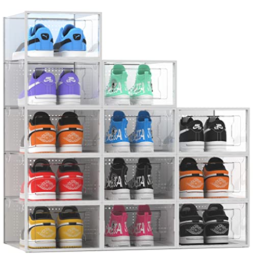 Harmon Wandyer Shoe Organizer Storage Boxes, Fit Size 10, Clear Plastic Stackable Sneaker Containers Bins Shoe Display Case, White, 12 Pack