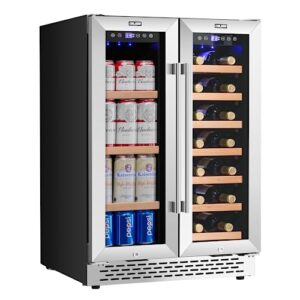 wine cooler beverage refrigerator 24 inch 18 bottles & 57 cans beverage fridge dual zone wine cooler under counter lockable freestanding with glass door for drink bar kitchen cabinet commercial