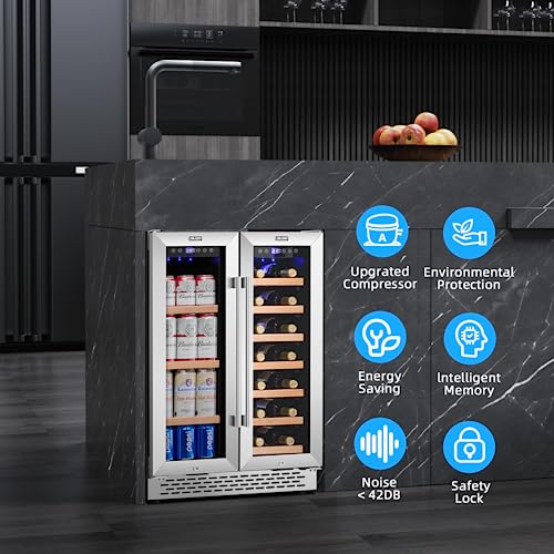 Wine Cooler Beverage Refrigerator 24 inch 18 Bottles & 57 Cans Beverage Fridge Dual Zone Wine Cooler Under Counter Lockable Freestanding with Glass Door for Drink Bar Kitchen Cabinet Commercial