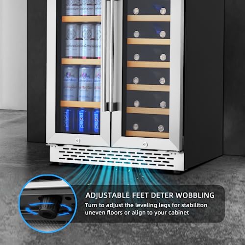 Wine Cooler Beverage Refrigerator 24 inch 18 Bottles & 57 Cans Beverage Fridge Dual Zone Wine Cooler Under Counter Lockable Freestanding with Glass Door for Drink Bar Kitchen Cabinet Commercial