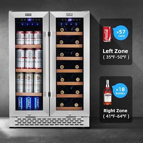 Wine Cooler Beverage Refrigerator 24 inch 18 Bottles & 57 Cans Beverage Fridge Dual Zone Wine Cooler Under Counter Lockable Freestanding with Glass Door for Drink Bar Kitchen Cabinet Commercial