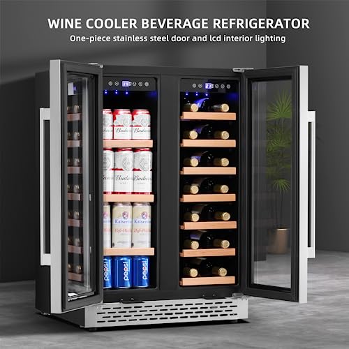 Wine Cooler Beverage Refrigerator 24 inch 18 Bottles & 57 Cans Beverage Fridge Dual Zone Wine Cooler Under Counter Lockable Freestanding with Glass Door for Drink Bar Kitchen Cabinet Commercial