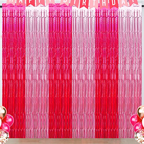 Hot Pink Birthday Decorations Backdrop, Pink and Hot Pink Foil Fringe Curtains Photo Streamers for Girl Sweet Birthday Theme Valentine's Day Wedding Anniversatry Party Decortions (3Pack)