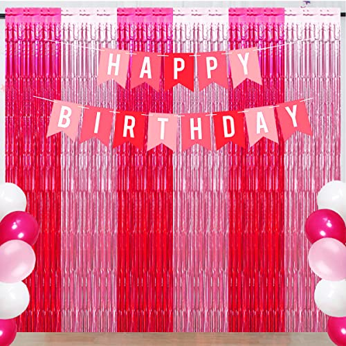 Hot Pink Birthday Decorations Backdrop, Pink and Hot Pink Foil Fringe Curtains Photo Streamers for Girl Sweet Birthday Theme Valentine's Day Wedding Anniversatry Party Decortions (3Pack)