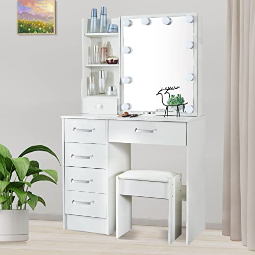 Makeup Vanity Desk with Lights and Mirror, Vanity Desk Set with Drawers and Stool, Adjustable 3 Color Lighting Modes for Mother, Daughter