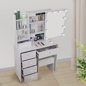 Makeup Vanity Desk with Lights and Mirror, Vanity Desk Set with Drawers and Stool, Adjustable 3 Color Lighting Modes for Mother, Daughter