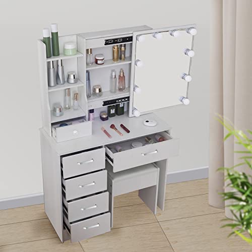 Makeup Vanity Desk with Lights and Mirror, Vanity Desk Set with Drawers and Stool, Adjustable 3 Color Lighting Modes for Mother, Daughter