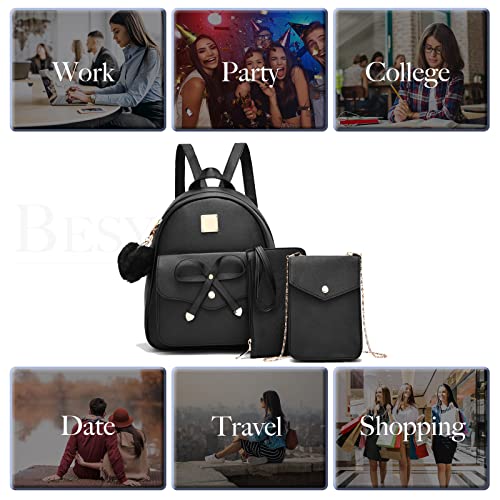 BESYIGA Mini Leather Backpack Purse for Women, Cute Fashion Travel Daypacks and Bow Backpack Shoulder Bag for Women, 3Pcs, Black