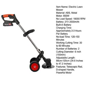 Electric Lawn Mower, 21V 2000mAh Batteries Supply Rechargeable D-Shaped Handle 2 Wheel Electric Lawn Mower 3 in 1 Brush Cutter Cordless Grass Trimmer (Black)