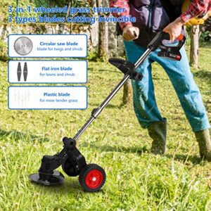 Electric Lawn Mower, 21V 2000mAh Batteries Supply Rechargeable D-Shaped Handle 2 Wheel Electric Lawn Mower 3 in 1 Brush Cutter Cordless Grass Trimmer (Black)