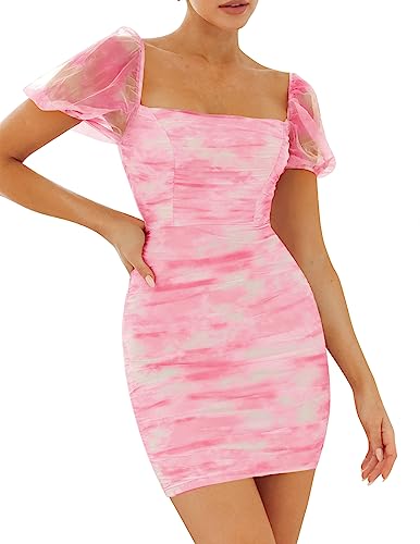 ZESICA Women's 2023 Summer Short Puff Sleeve Tie Dye Print Ruched Bodycon Cocktail Party Wedding Guest Short Mini Dress,HotPink,X-Large