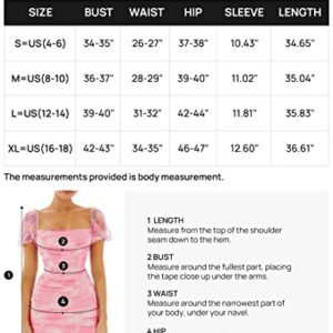 ZESICA Women's 2023 Summer Short Puff Sleeve Tie Dye Print Ruched Bodycon Cocktail Party Wedding Guest Short Mini Dress,HotPink,X-Large