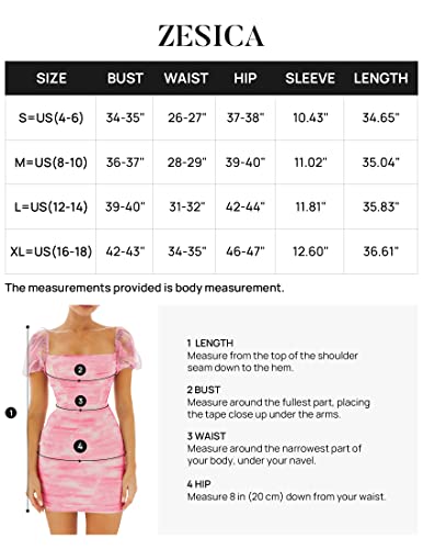 ZESICA Women's 2023 Summer Short Puff Sleeve Tie Dye Print Ruched Bodycon Cocktail Party Wedding Guest Short Mini Dress,HotPink,X-Large