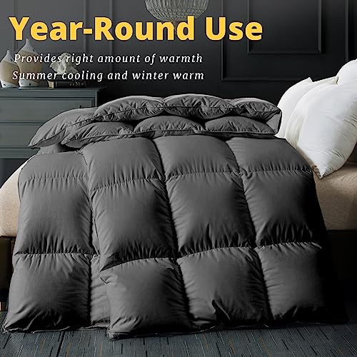 ELNIDO QUEEN Feather Down Comforter Queen Size - Grey Down Duvet Insert - Luxurious Fluffy Hotel Style Bedding Comforter - 100% Cotton Cover All Season Medium Warmth - Queen Size (90x90 Inch)