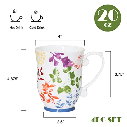 QOUTIQUE Bone China Decorated Coffee Mugs - 20 Ounce - Set of 4, Cups for Latte, Hot Tea, Cappuccino, Mocha, Cocoa, Mug Set, Large Coffee Mug, Surely