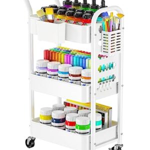 Pipishell 3-Tier Rolling Cart, Metal Utility Cart with Pegboard, Lockable Wheels & U-Shaped Handle, Storage Cart with 2 Hanging Cups & 4 Hooks for Living Room, Bedroom, Kitchen, Office (White)