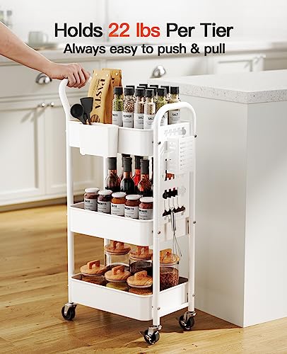 Pipishell 3-Tier Rolling Cart, Metal Utility Cart with Pegboard, Lockable Wheels & U-Shaped Handle, Storage Cart with 2 Hanging Cups & 4 Hooks for Living Room, Bedroom, Kitchen, Office (White)