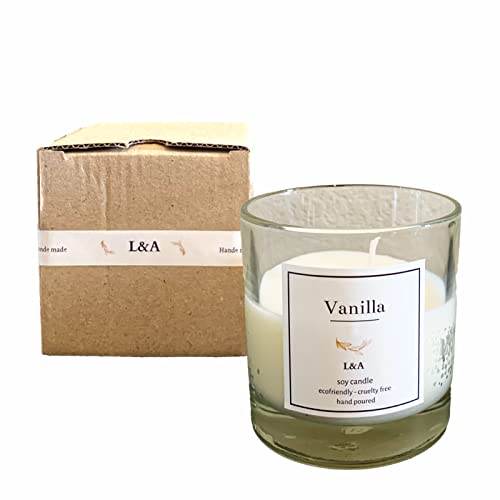 Aromatic Soy Scented Candles Vanilla. Handmade in Glass Jar Covered. Perfect for Gift, Décor, and Parties.